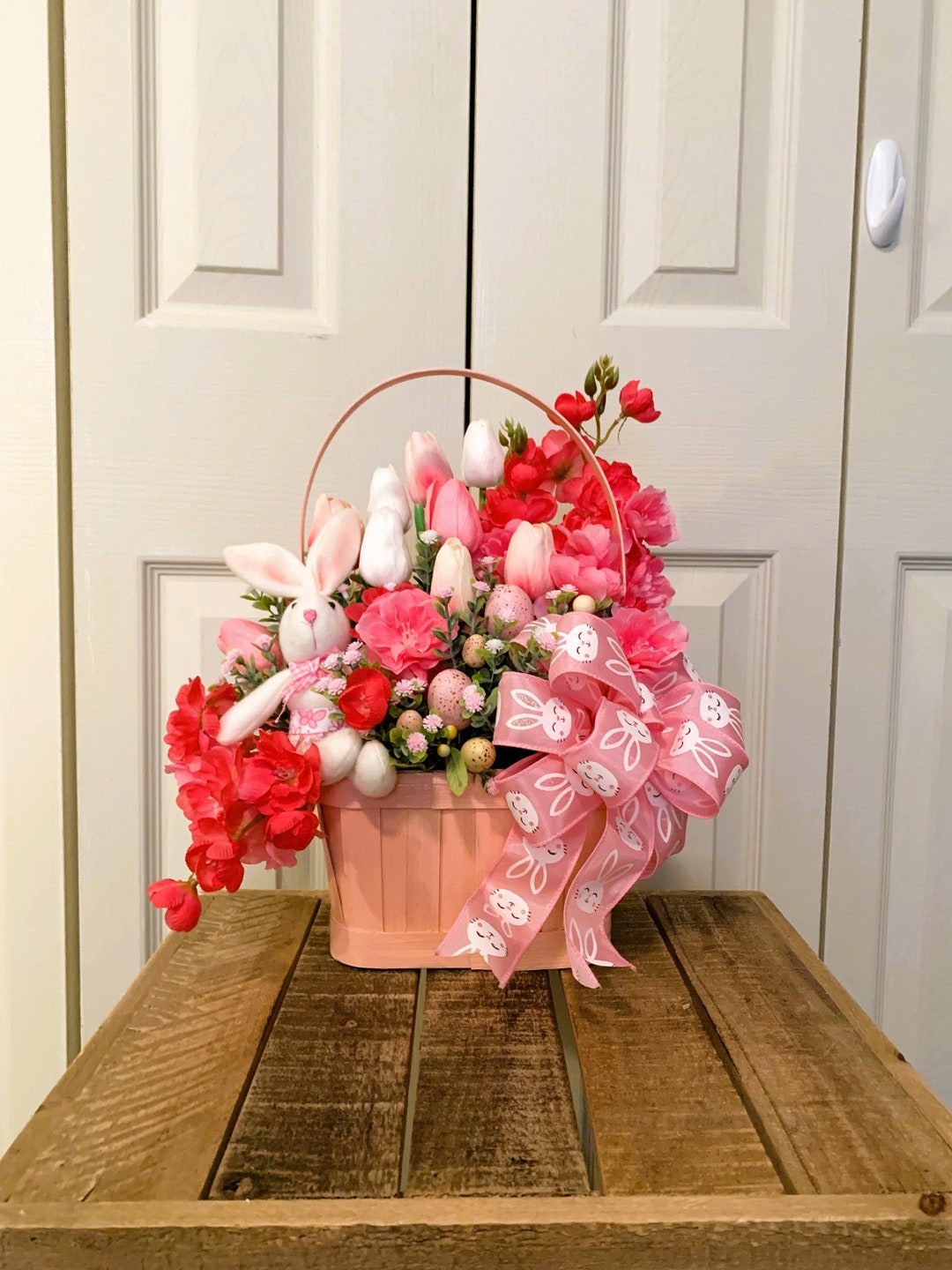 Easter Basket Floral Arrangement With Bunny and a Variety of Pink ...