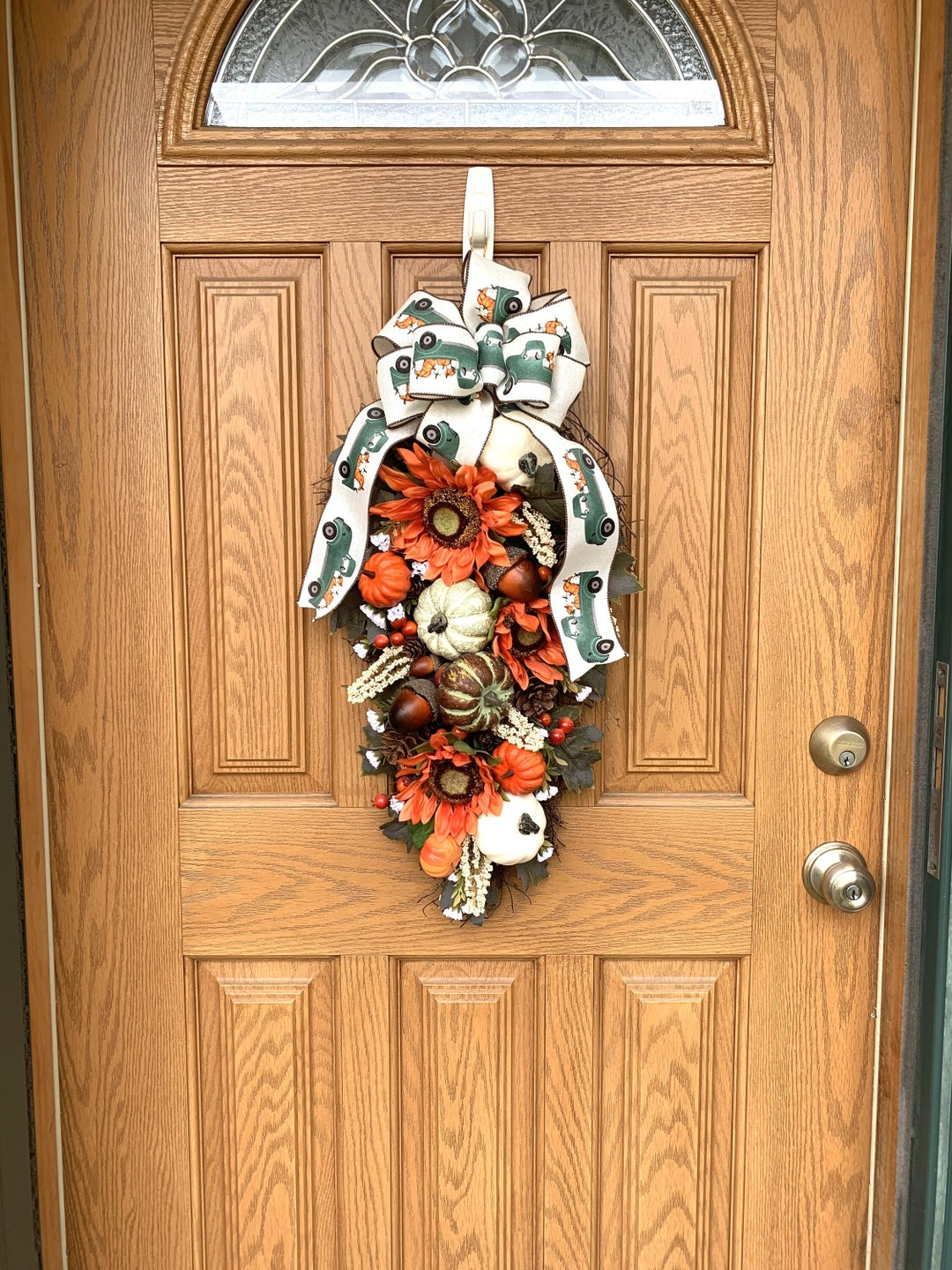 Fall Pumpkin Door Swag With Wired Truck Ribbon - Gorgeous Autumn Twig ...
