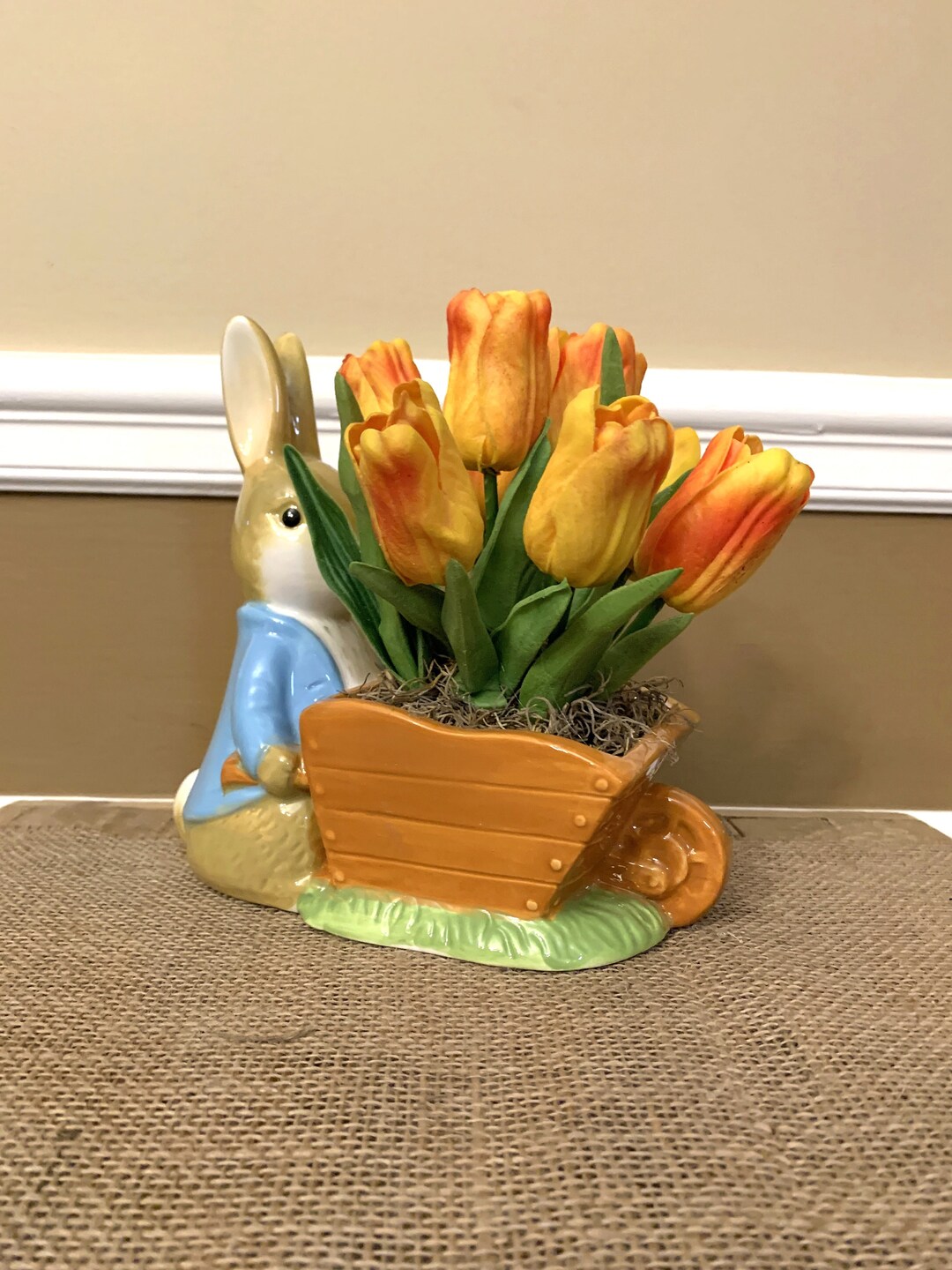 Bunny Rabbit With Orange Tulips - Wheel Barrow With Spring Tulips and a ...