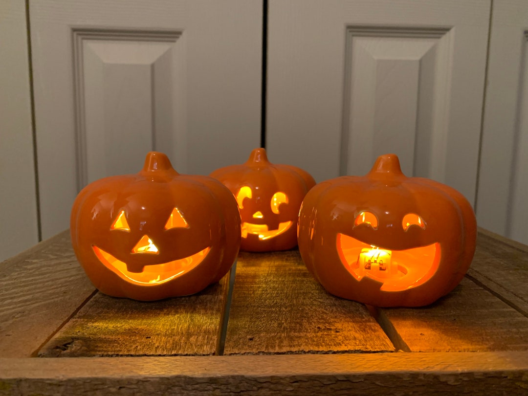 Three Ceramic Pumpkins With Lights Tiered Tray Light up - Etsy