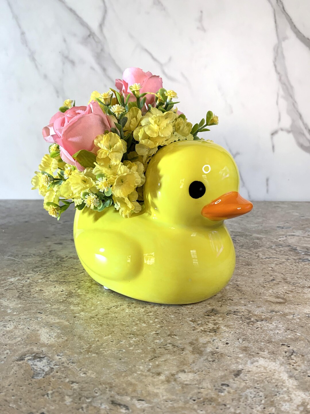 Ceramic Yellow Duck With Yellow and Pink Artificial Flowers - Baby Gift ...