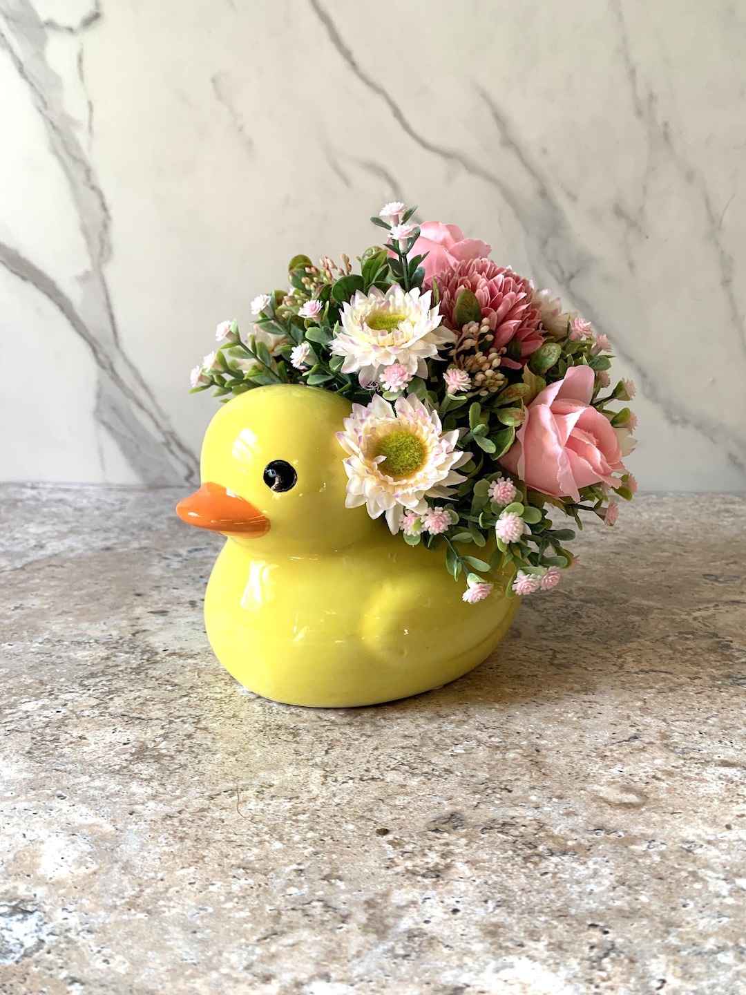 Ceramic Yellow Duck With Artificial Flowers, Baby Shower Arrangement ...