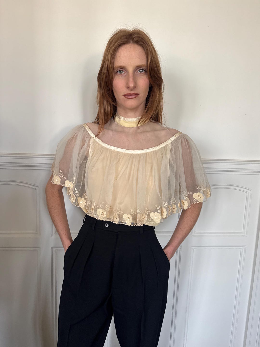 1970s Amazing Blouse, Cream Silk Bodice With Embroidered Tulle Capelet ...