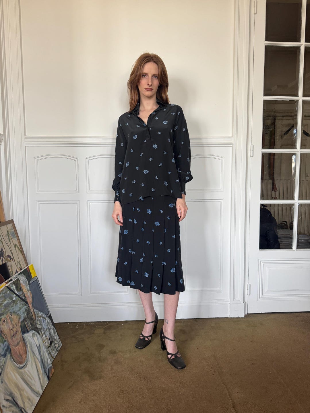 1970s Chloé by Karl Lagerfeld Set, Blue Floral Delicate Print on Black ...