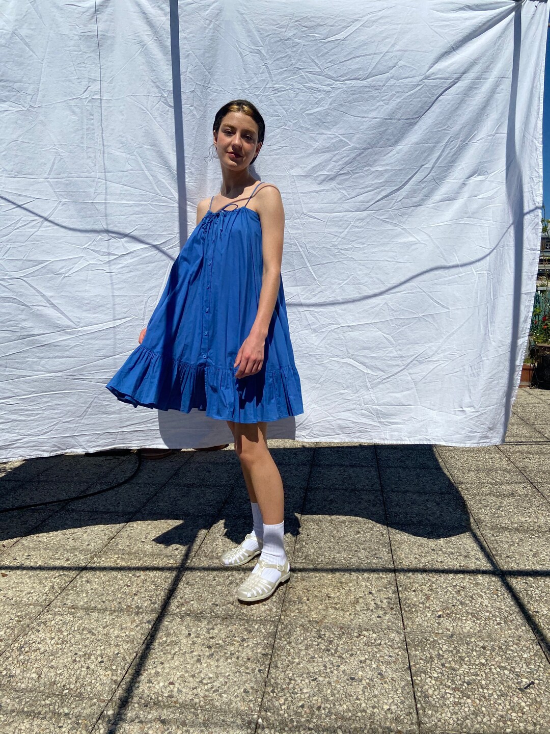 Mic Mac blue mini dress, thin straps adjust neckline and ties on front ...