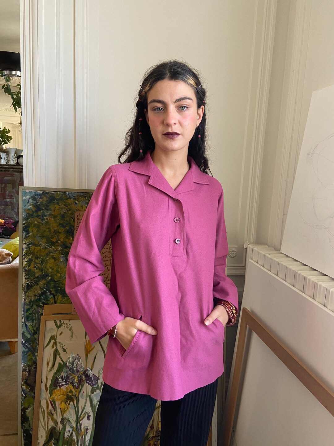 Early 1970s Yves Saint Laurent Pink Wool Smock, Trapeze Line, Side ...