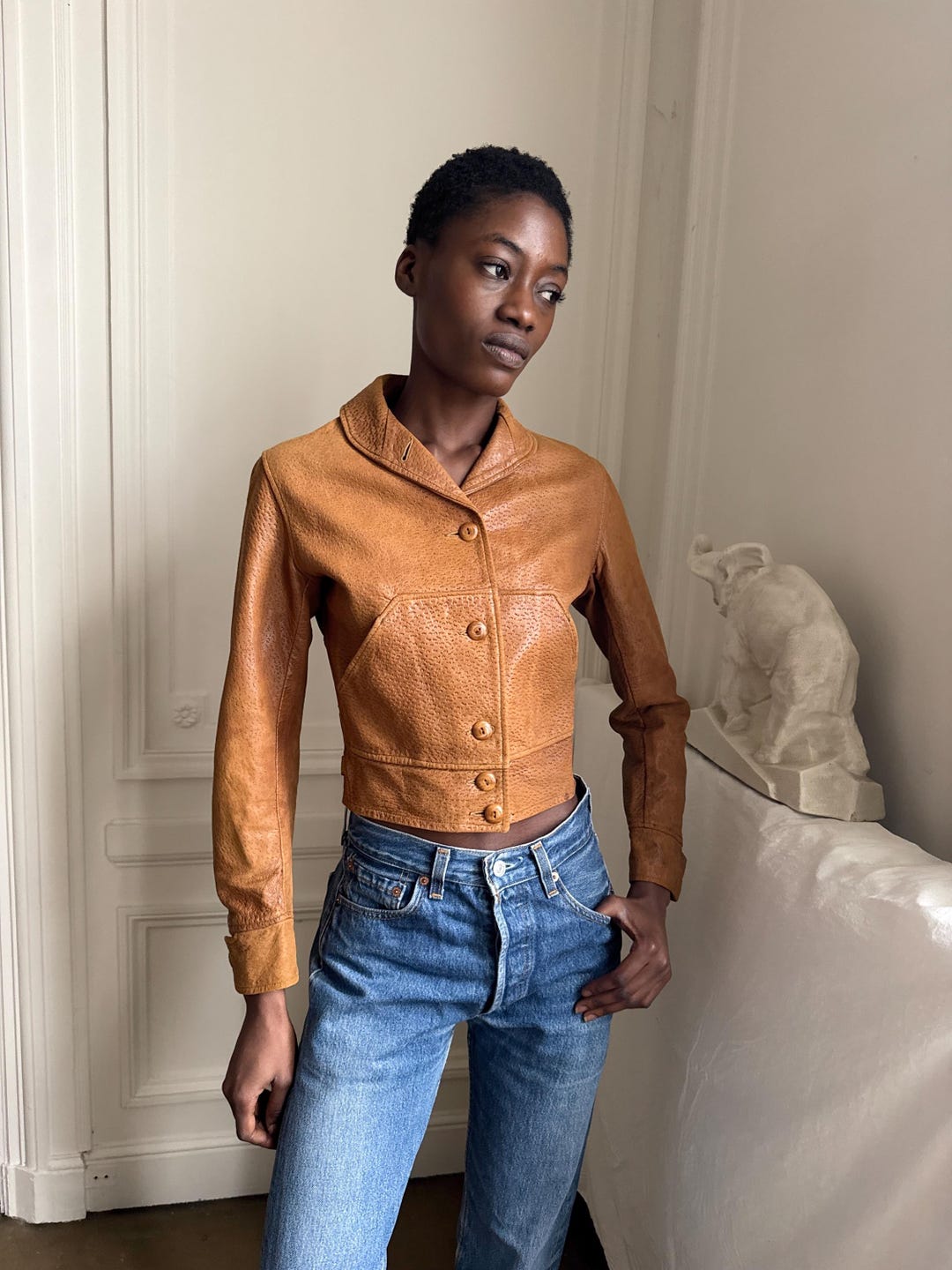 1930s Buttery Soft Texturized Leather Cossack Jacket, Hammered Brass ...