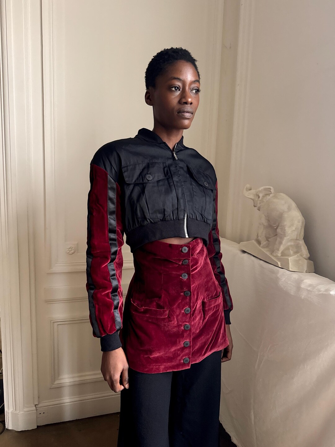 1990s Aquagirl by Fayçal Amor (Plein Sud) black & burgundy bomber ...