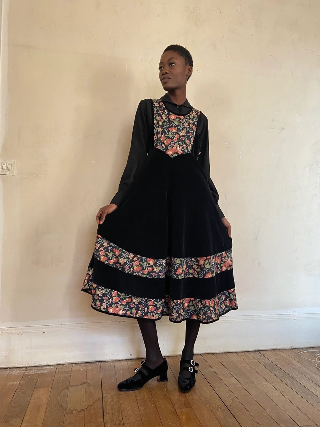 1970s British Boutique Label Anna Belinda Pinafore Dress, Black Velvet ...