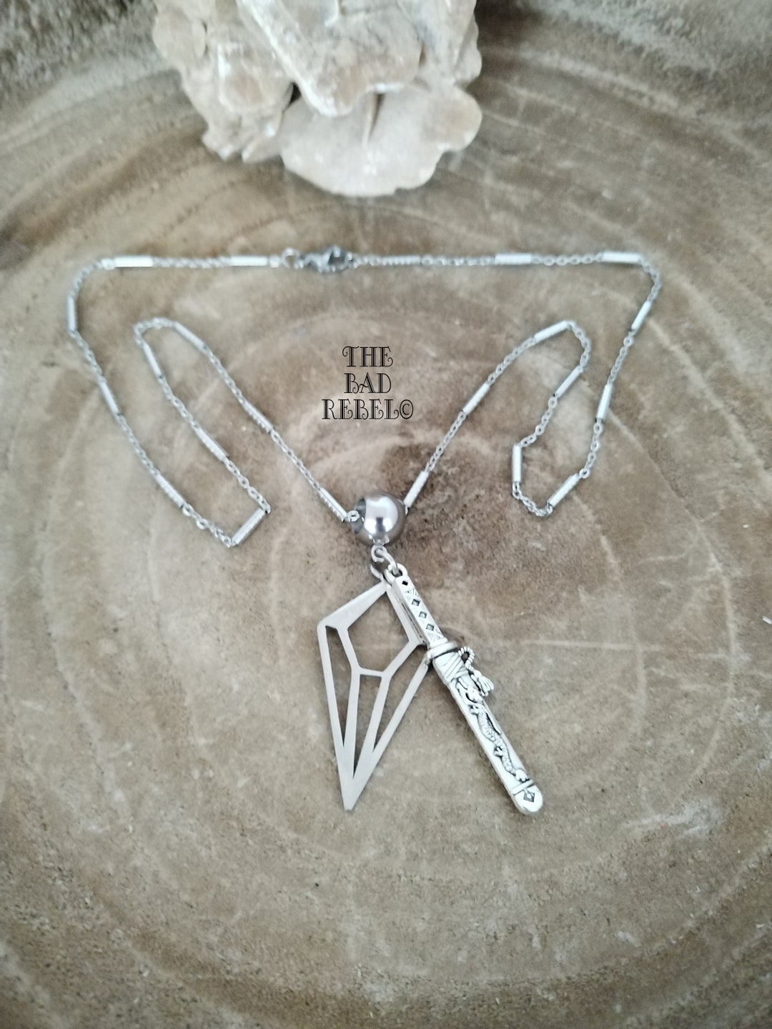 Original Necklace !! DRAGON SWORD !! Triangle Sword Pendant in Metal ...