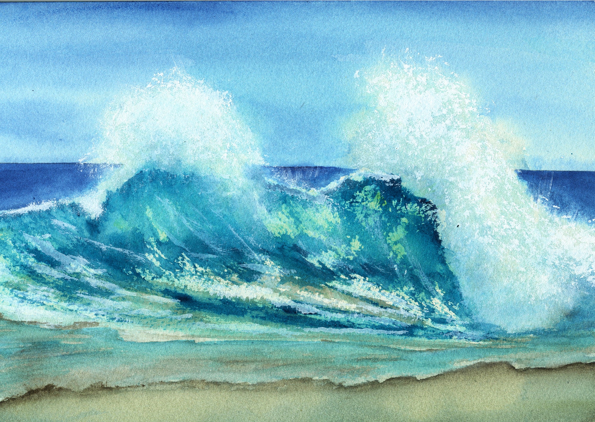 Breaking Wave Greeting Card, Crashing Ocean Wave Watercolour Print ...