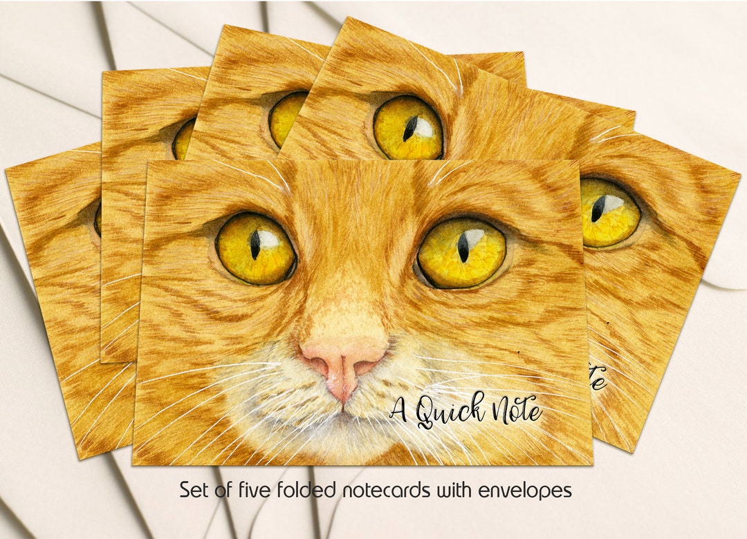 Orange Cat Face Notecards, A Pack of 5 Folded Notecards With Envelopes ...