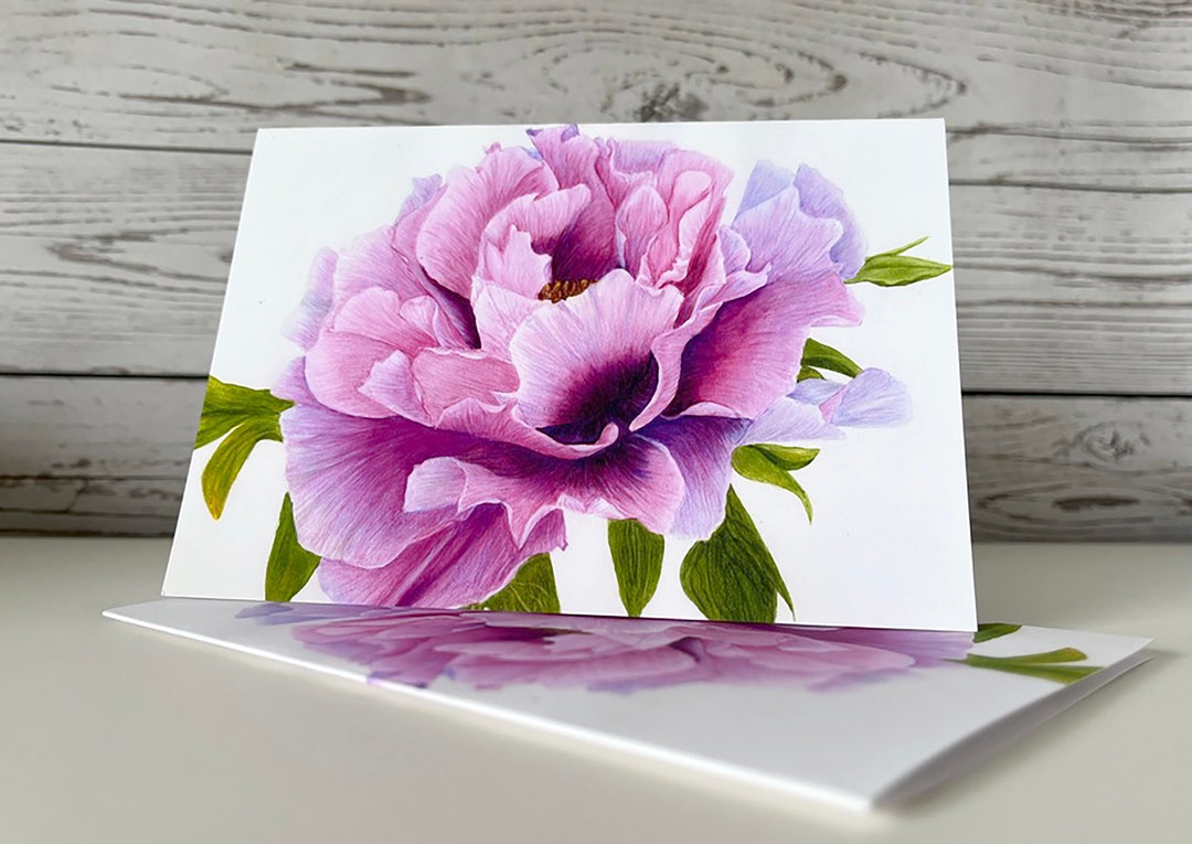 Watercolour Peony Notecards, A Pack of 5 Folded Notecards With ...