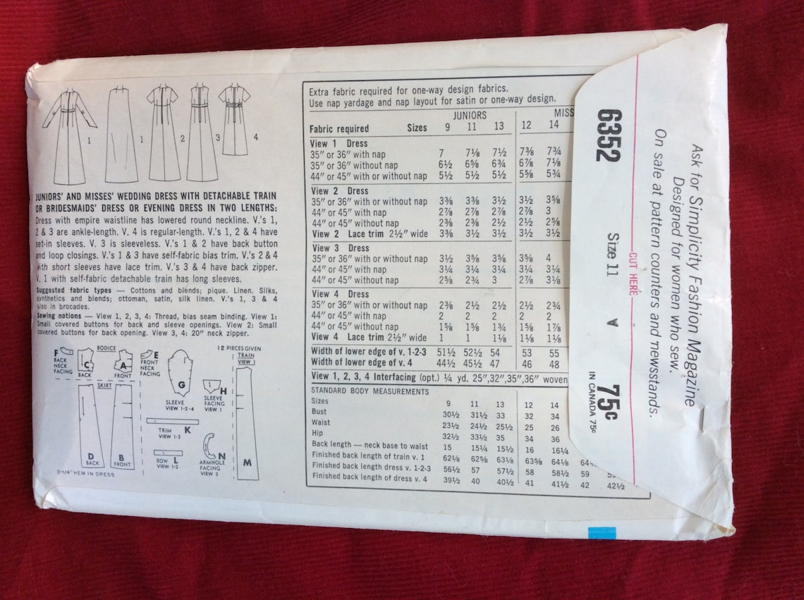 Vintage Pattern Bridal Wedding Dress 6352 Simplicity Junior | Etsy