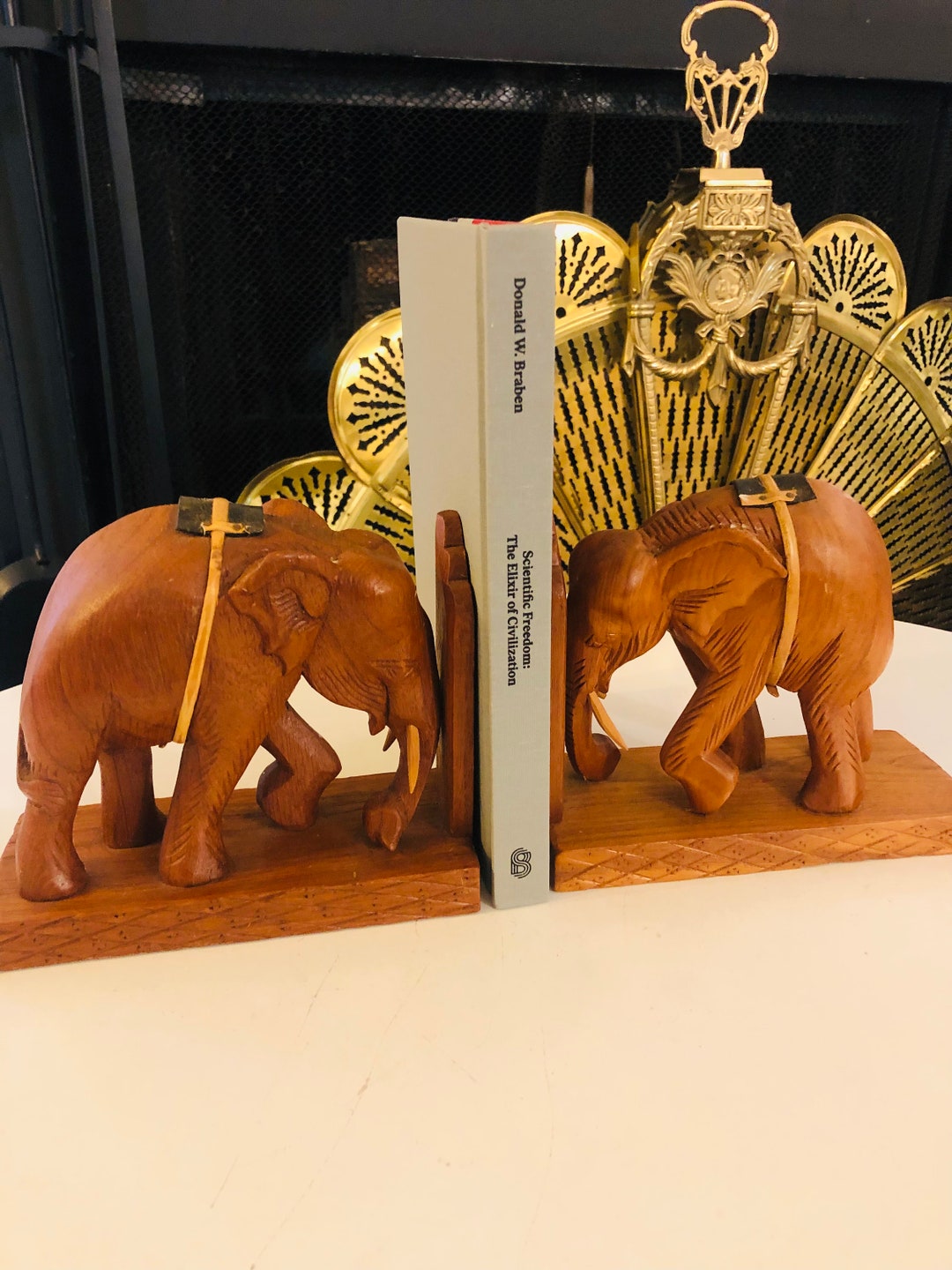 VINTAGE ELEPHANTS BOOKENDS, Handcarved Wood, Animal Decor, Ethnic Style ...