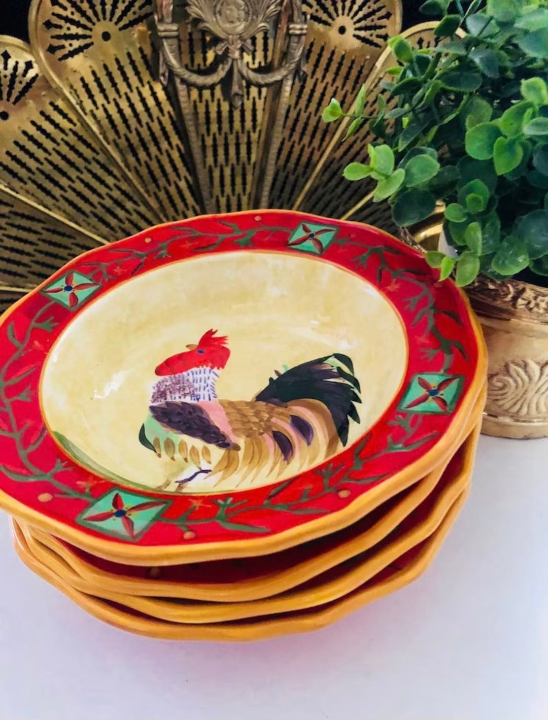 VINTAGE RED ROOSTER, Rimed Bowl, Earthware Ceramic, Oneida Sacura, Farm ...