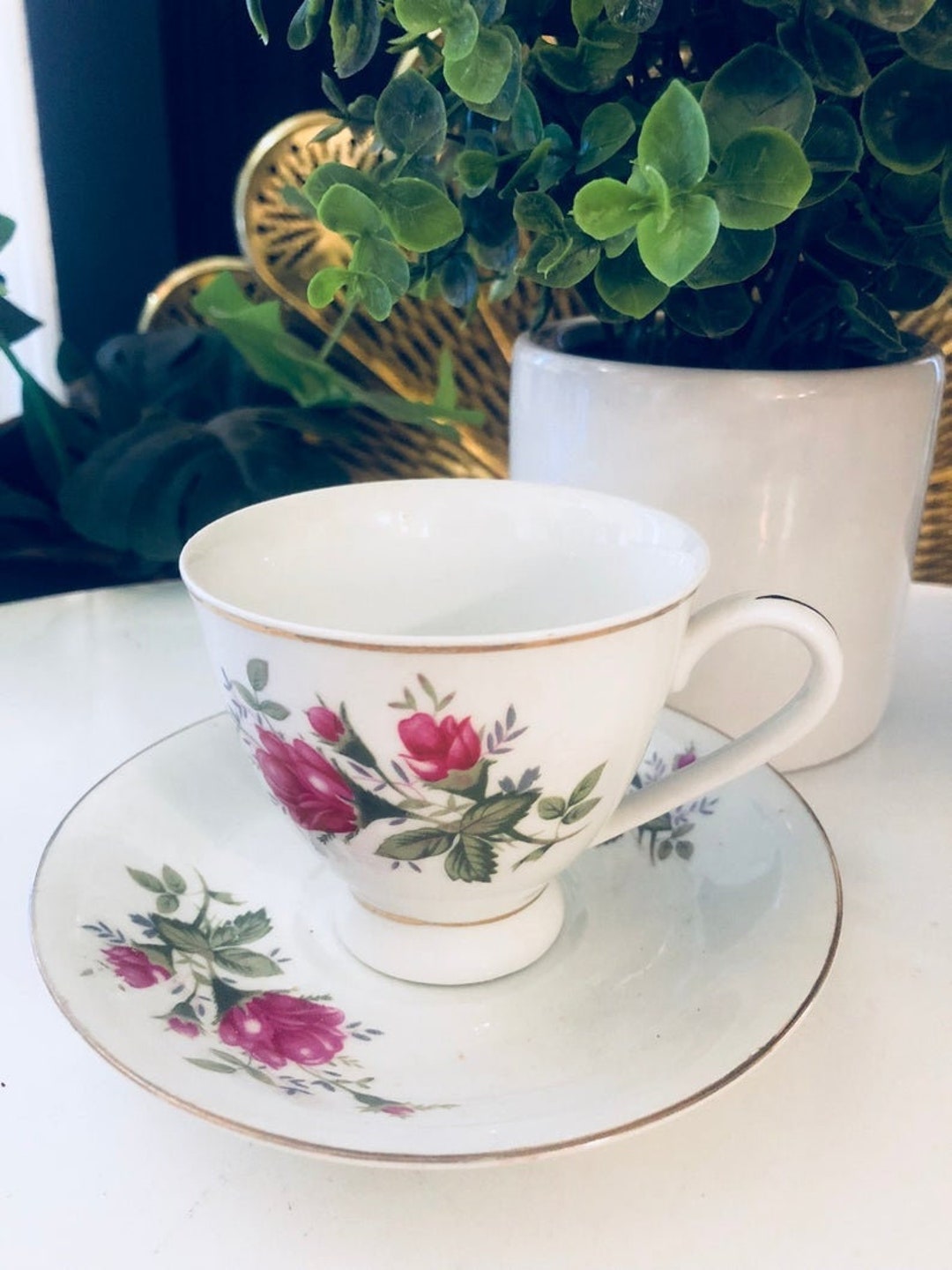 VINTAGE CUP SAUCER, Moss Rose, Tea Set Duo, Floral Porcelain, Gift for ...