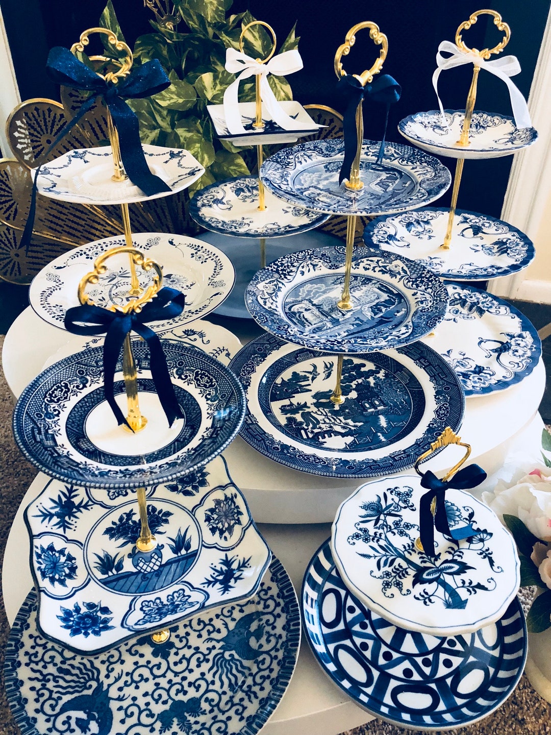 Blue & White 3 Tier Cake Stand | Centerpiece for Wedding | Birthday ...