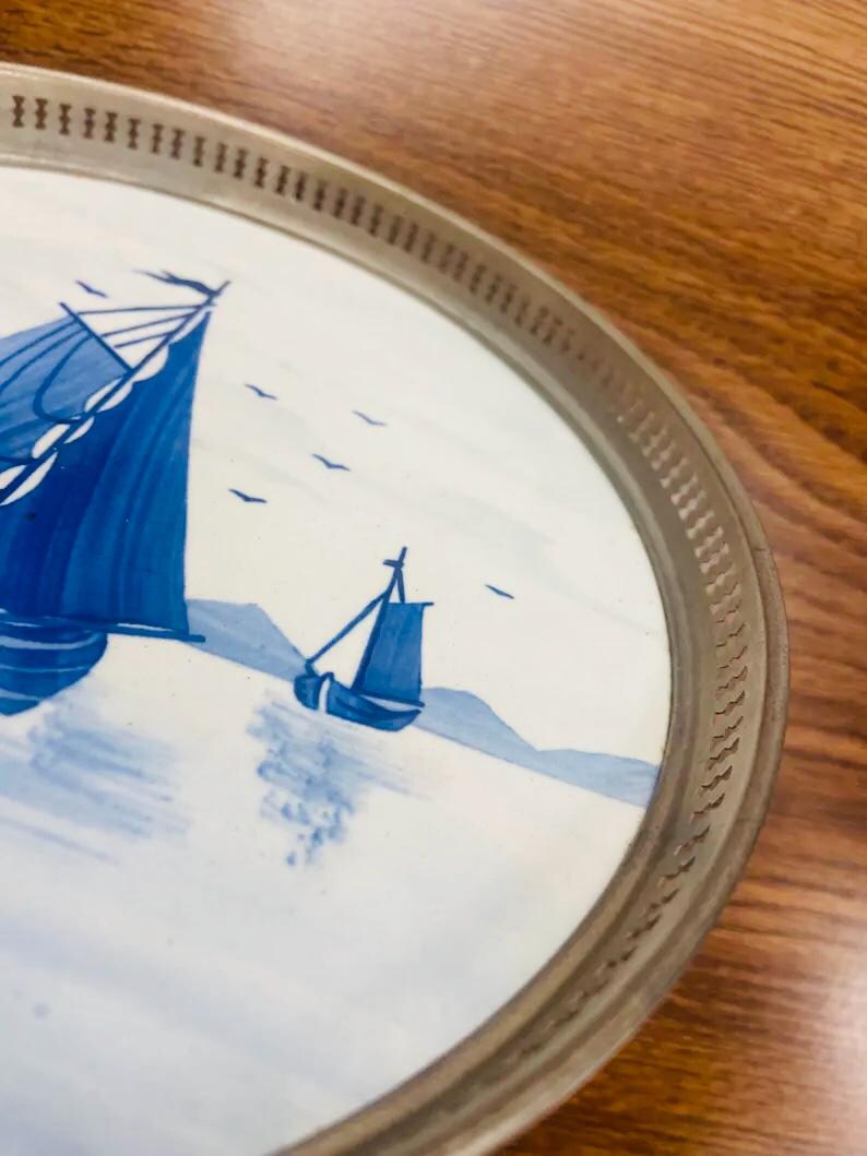 Vintage Ceramic Tray With Blue Sailboats | Nautical Style Coastal Delft ...