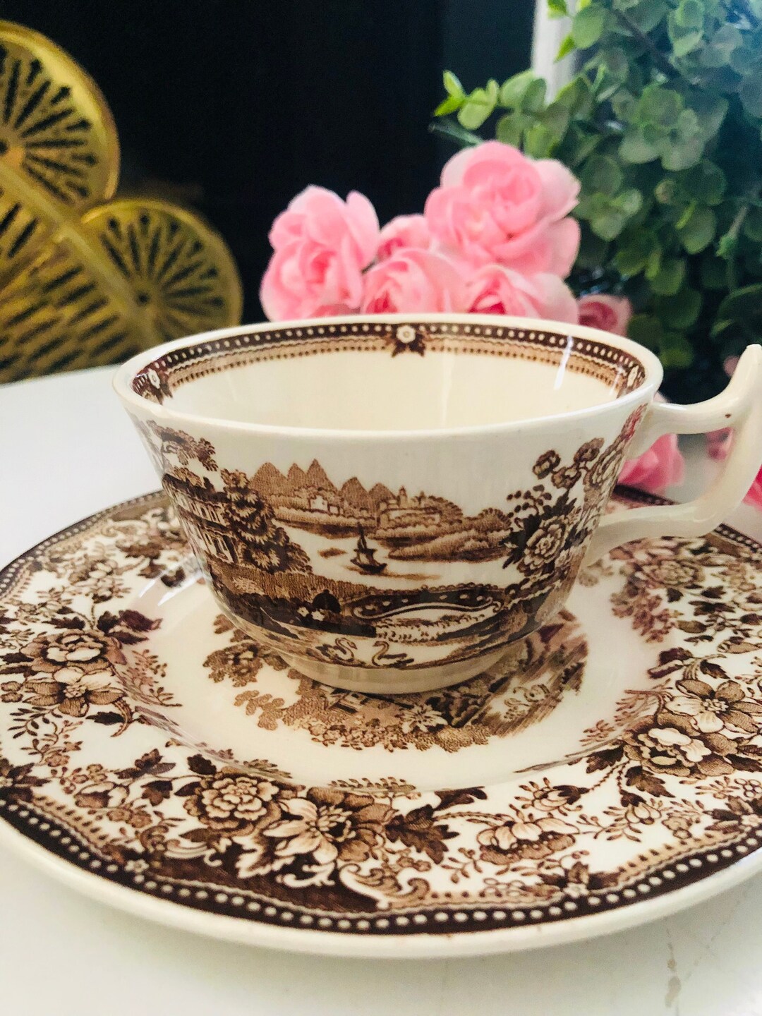 STAFFORDSHIRE TONQUIN, Cup Plate, Brown Transferware, Tea Party ...