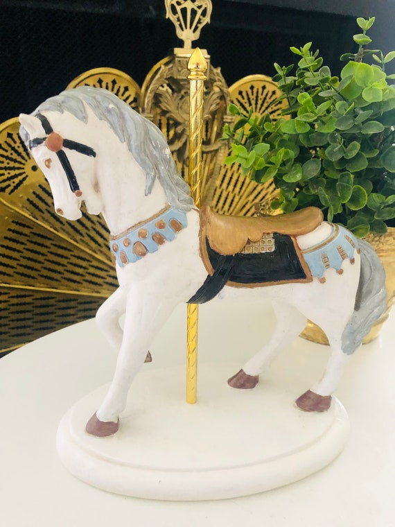 VINTAGE CAROUSEL HORSE, White Gray, H 8.5”, Collectible Figure, Signed ...