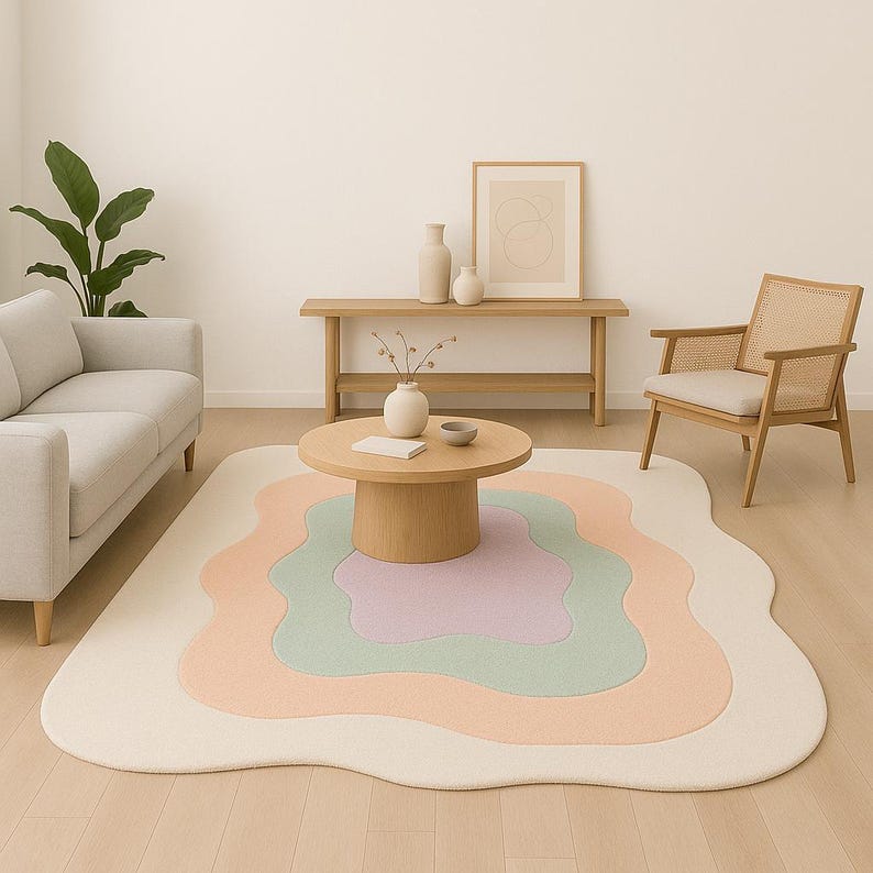 Handmade Tufted Flowing Shape Rug and Its Soft Pastel Color Palette ...
