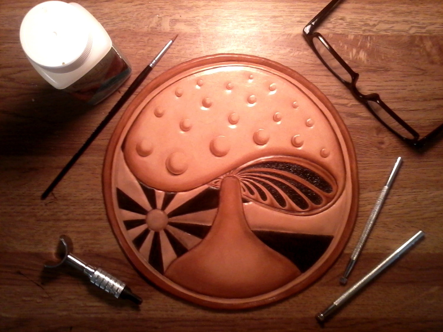 Mushroom Trivet 8 Inch Mushroom Leather Disc - Hand Tooled One-of-a ...