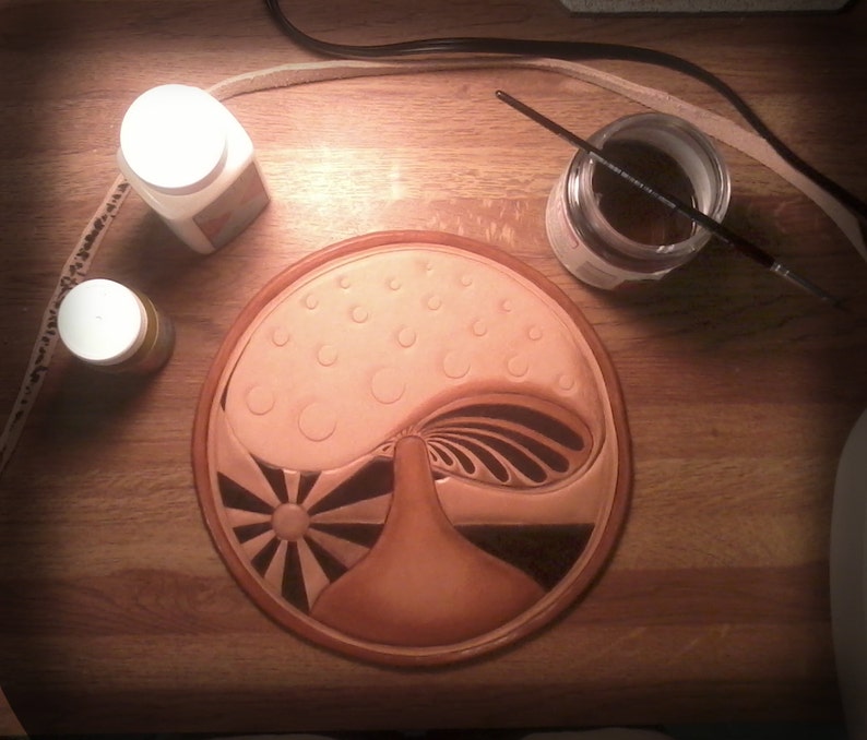 Mushroom Trivet 8 Inch Mushroom Leather Disc - Hand Tooled One-of-a ...