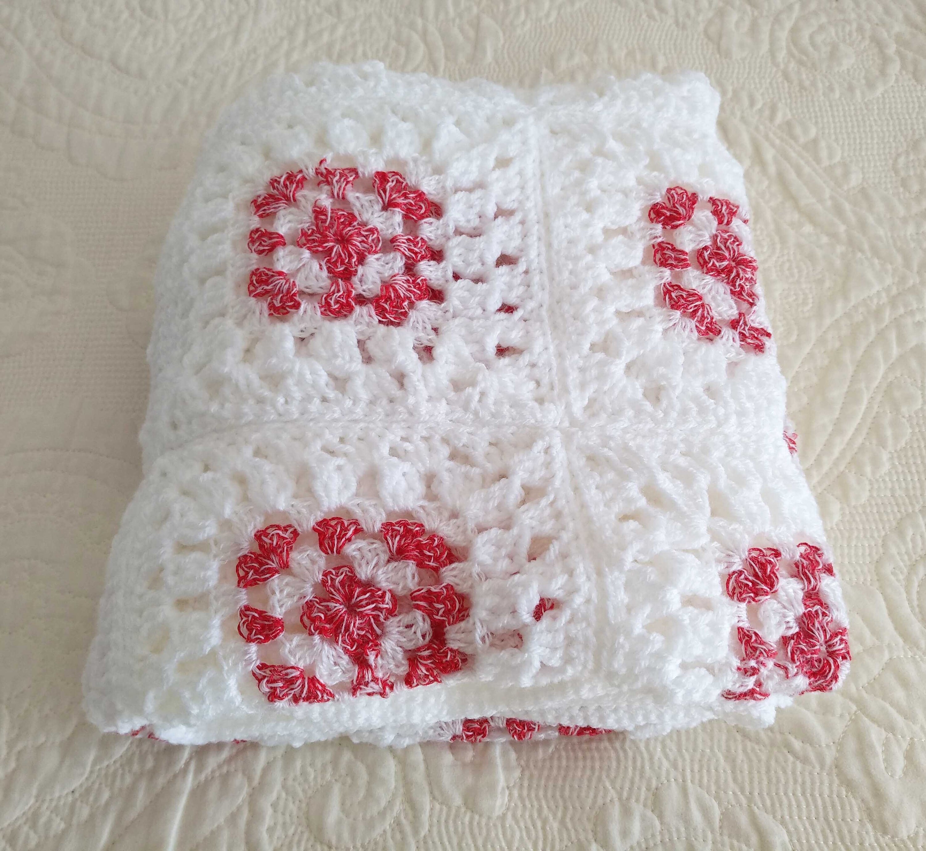 Warm Crochet Blanket White Red Knit Lap Warmer Cosy Granny | Etsy