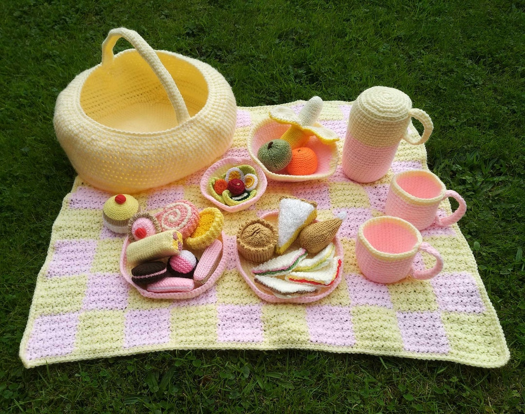 Picnic Play Set - Crochet Basket Blanket Flask Cups Plates - Knit Food ...