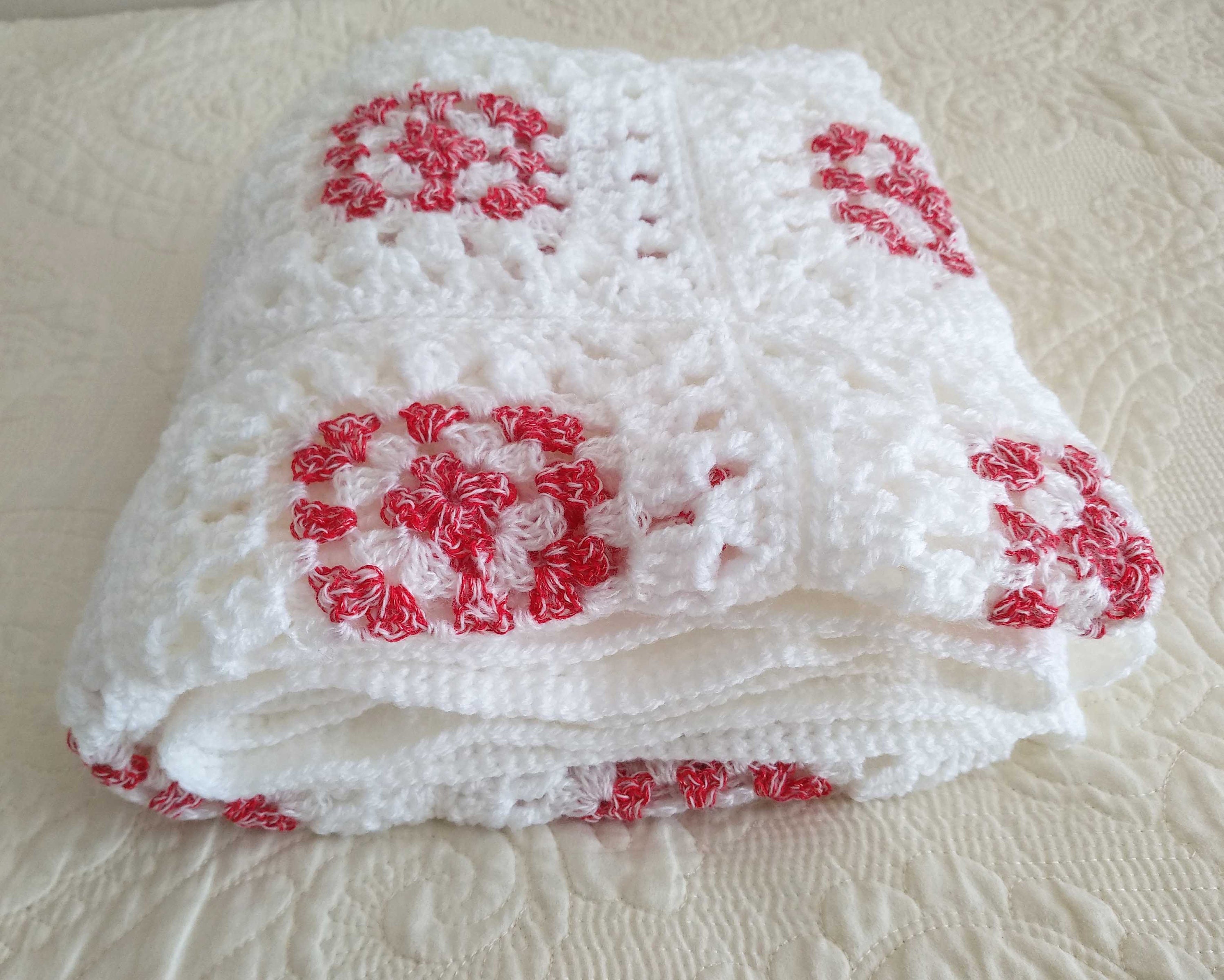 Warm Crochet Blanket White Red Knit Lap Warmer Cosy Granny | Etsy