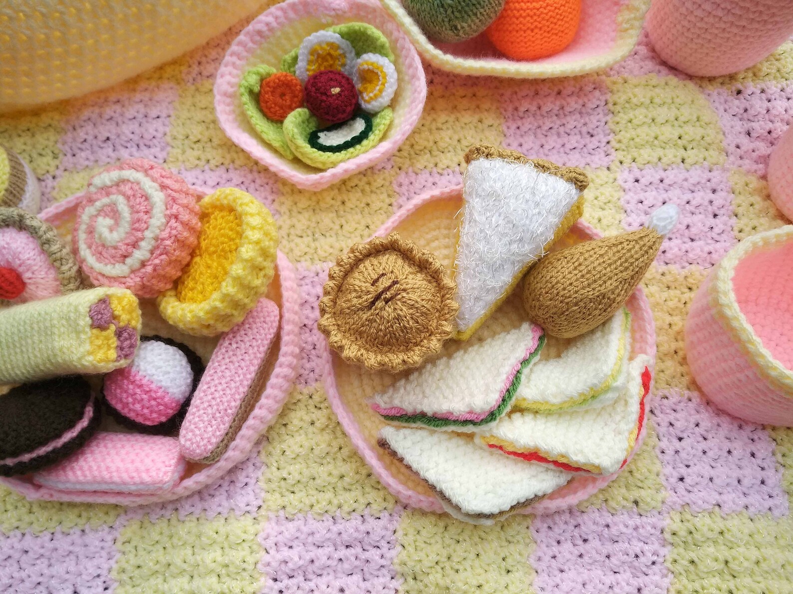 Picnic Play Set - Crochet Basket Blanket Flask Cups Plates - Knit Food ...