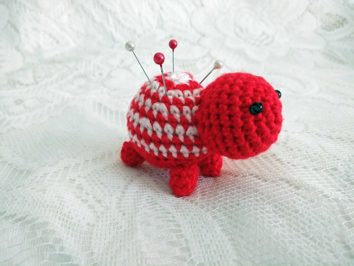 Turtle Pin Cushion Mini Crochet Red White Knit Pin Cushion | Etsy