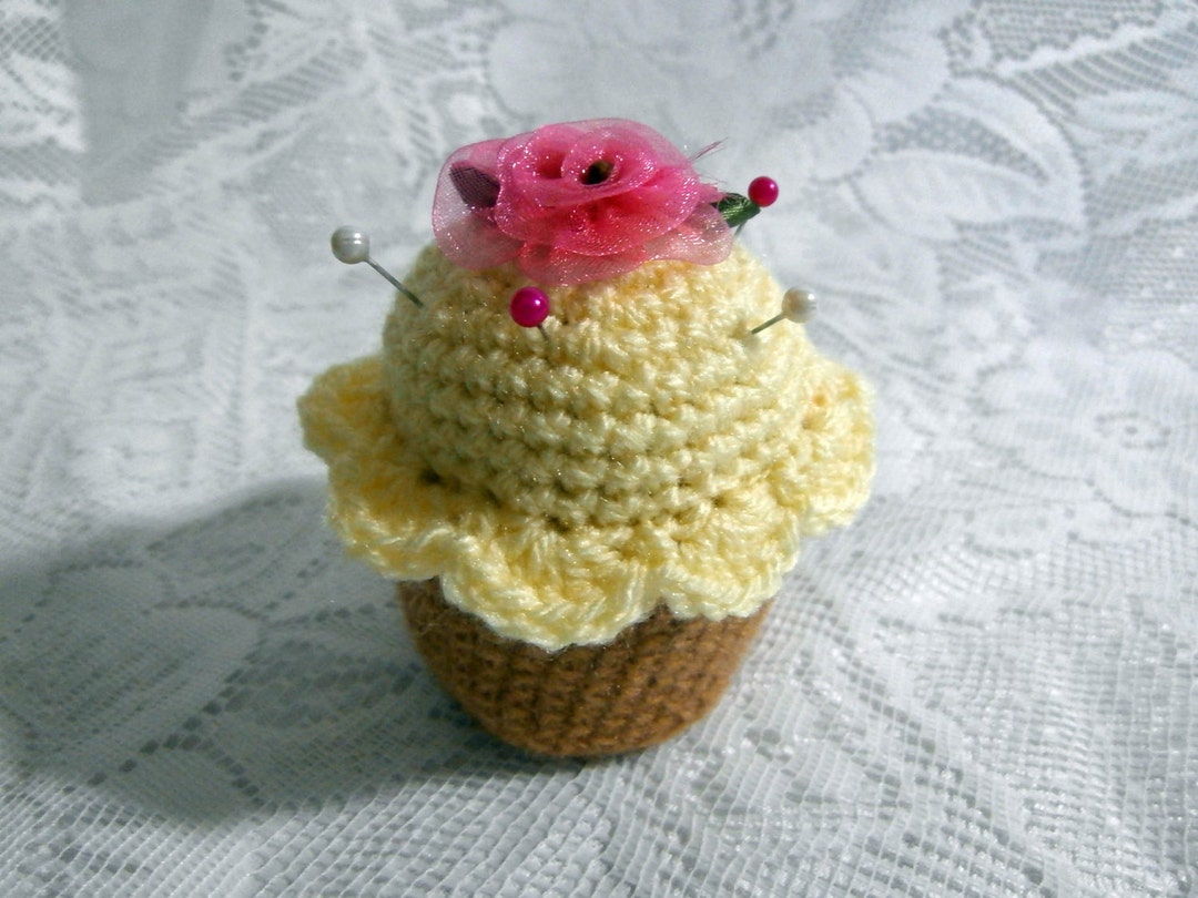 Cupcake Pincushion - Crochet Pink Chiffon Flower Lemon Yellow Iced Cake ...