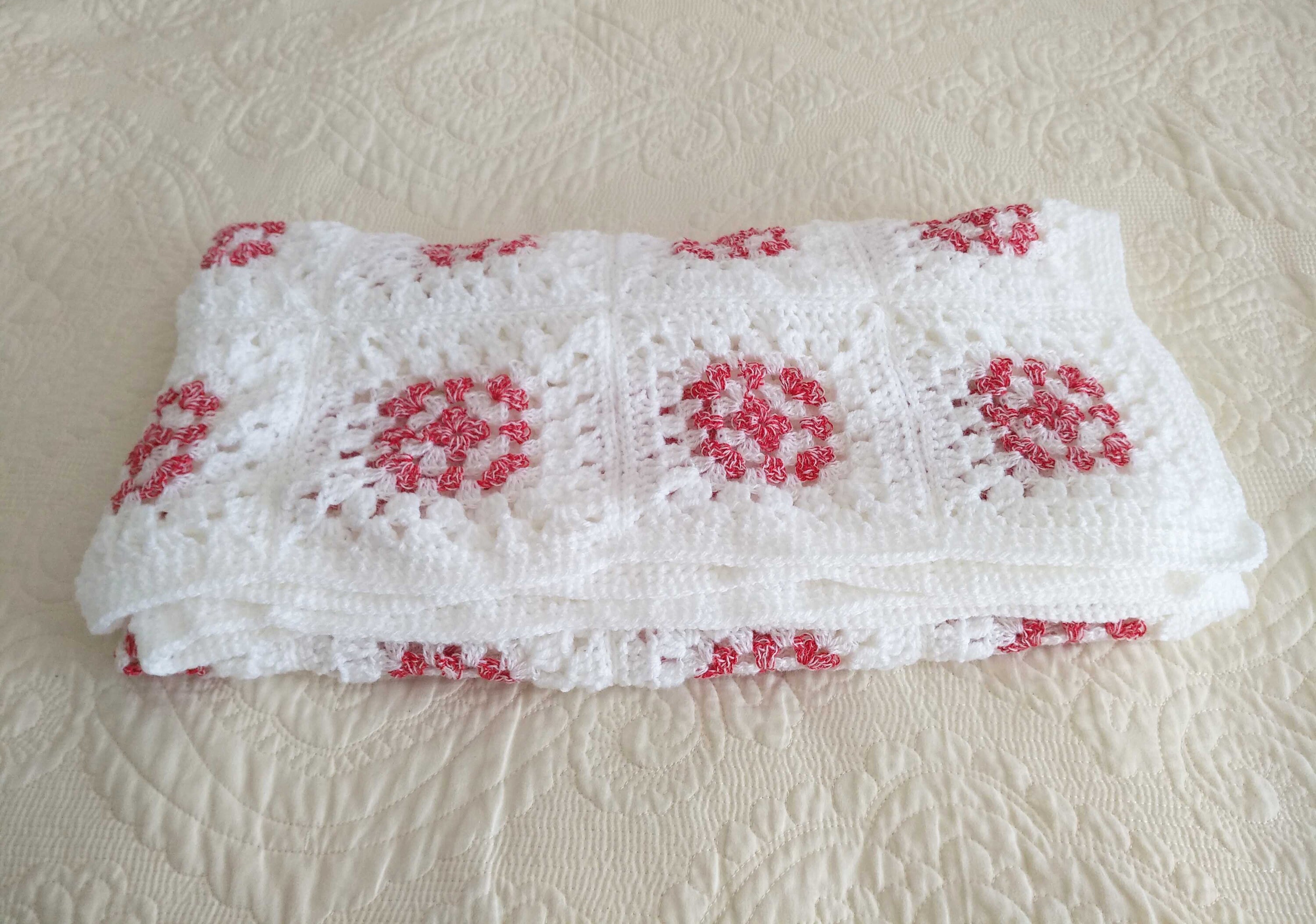 Warm Crochet Blanket White Red Knit Lap Warmer Cosy Granny | Etsy