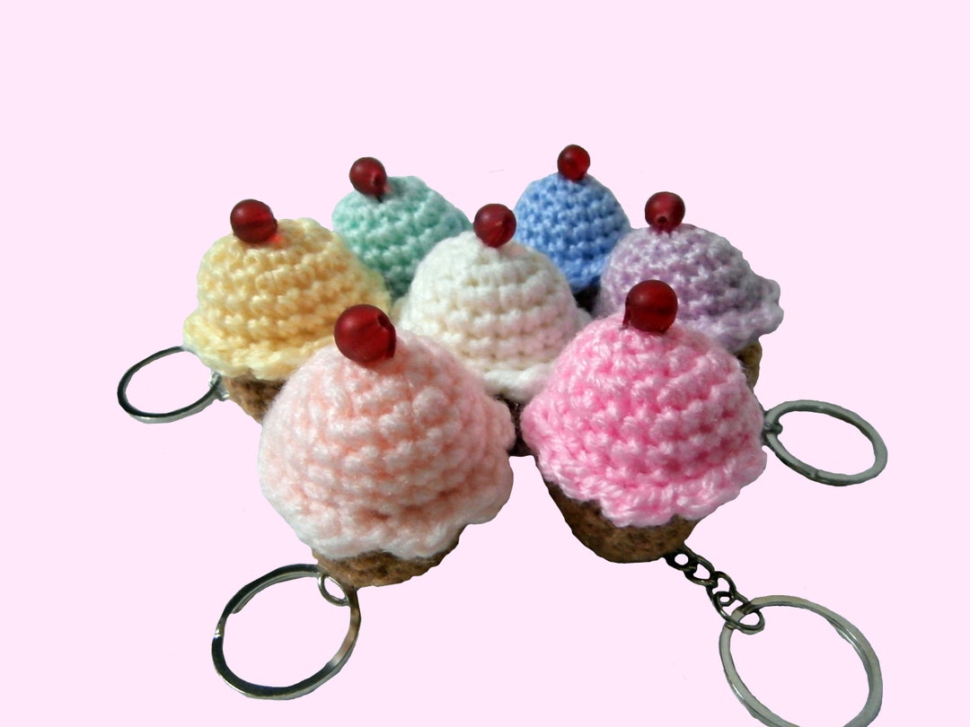 Crochet Cupcake Keyring - Iced Bead Cherry Bun Keychain Mini Birthday ...