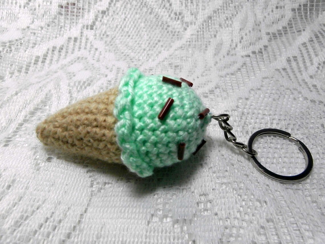 Ice Cream Keyring - Mint Chocolate Chip Keychain - Crochet Knit ...