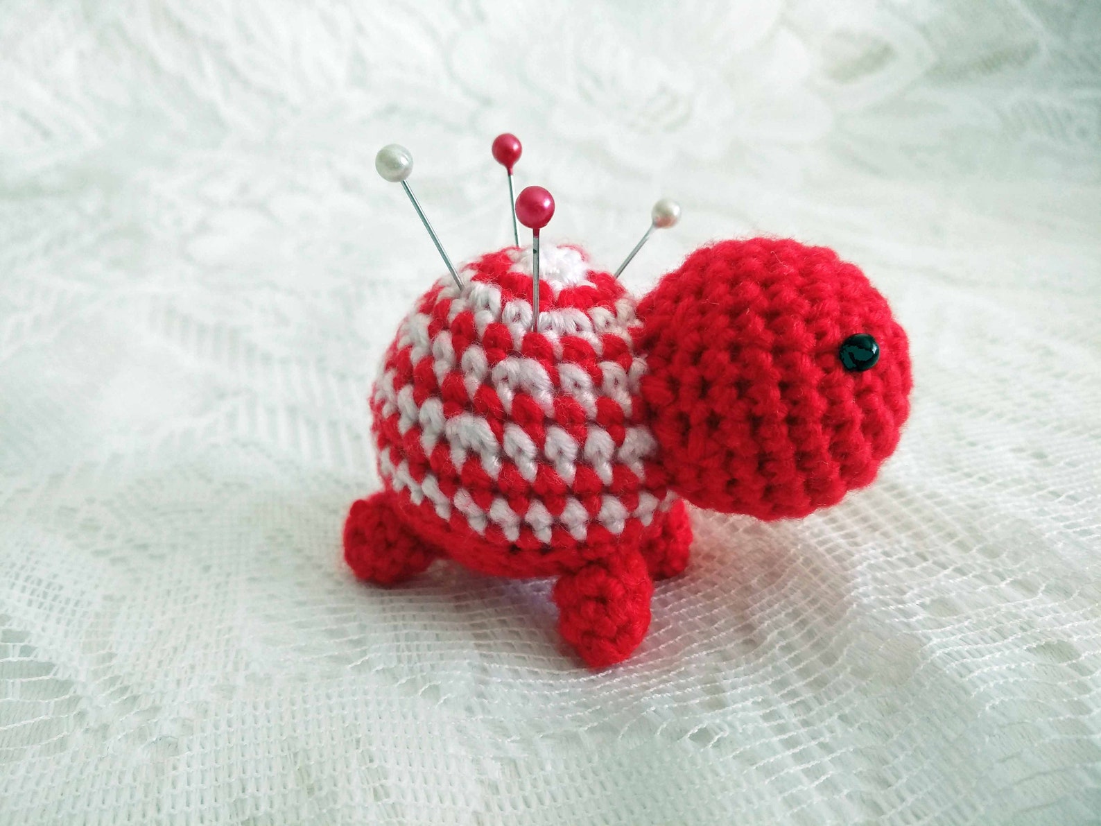 Turtle Pin Cushion Mini Crochet Red White Knit Pin Cushion | Etsy
