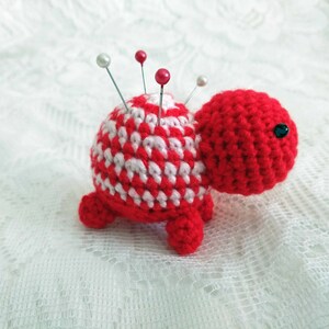 Turtle Pin Cushion - Mini Crochet Red White Knit Pin Cushion With Pins ...