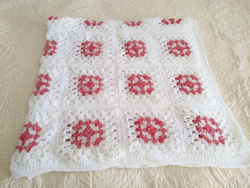 Warm Crochet Blanket White Red Knit Lap Warmer Cosy Granny | Etsy