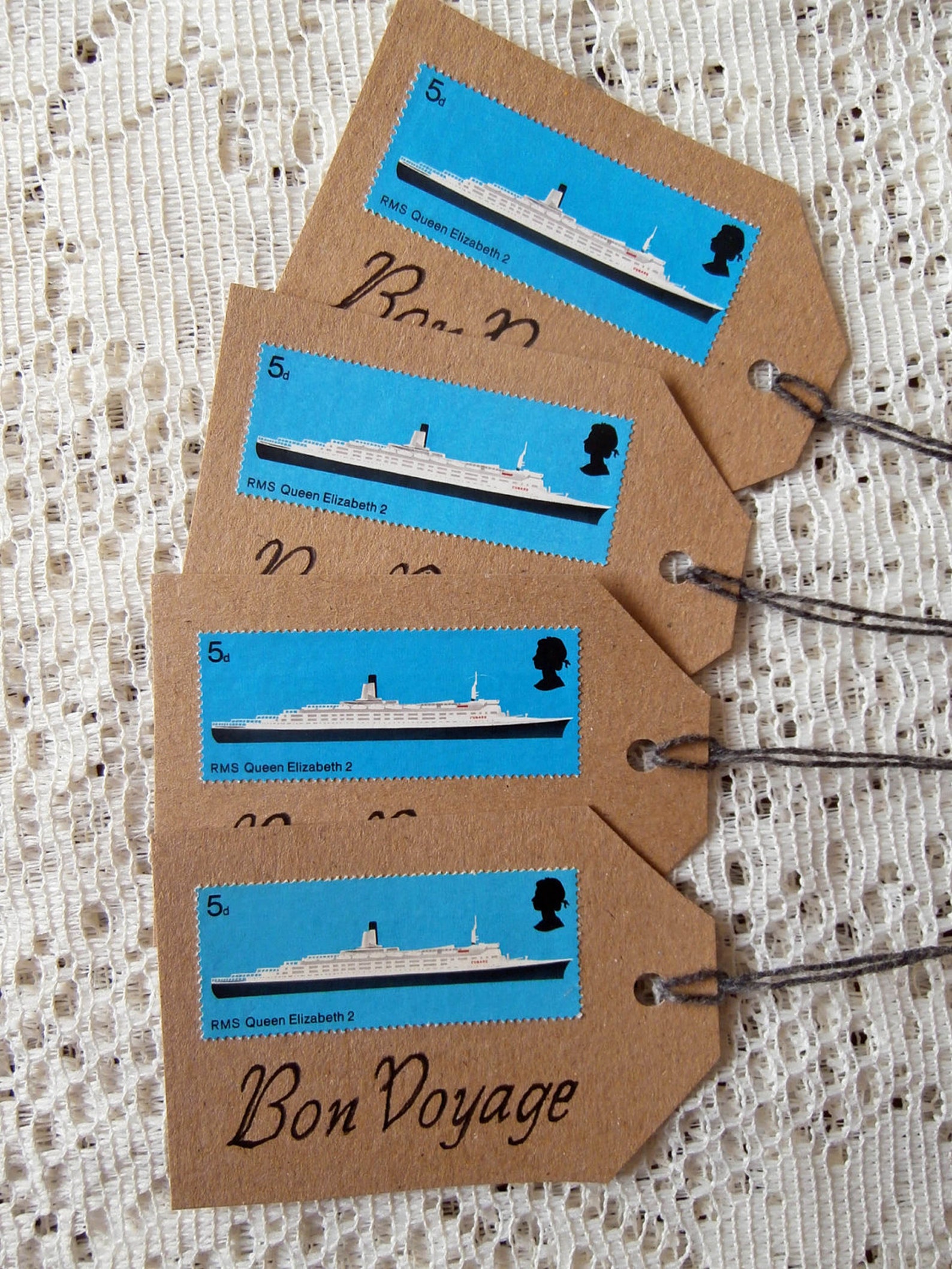 4 Bon Voyage Gift Tags Eco Friendly Postage Stamp Ship Tags | Etsy