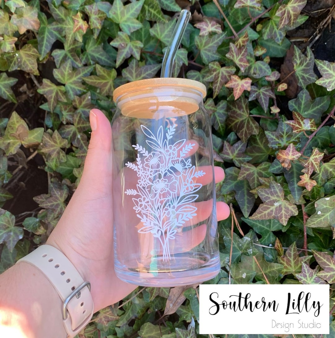 Glass Cold Coffee Cup Set With Flowers 16 Ounce Cups With Wooden Lid ...