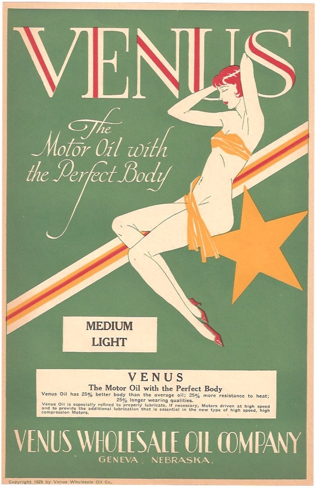 1929 Motor Oil Can Pin-up Art Deco venus Brand Oil Can Label GENEVA ...