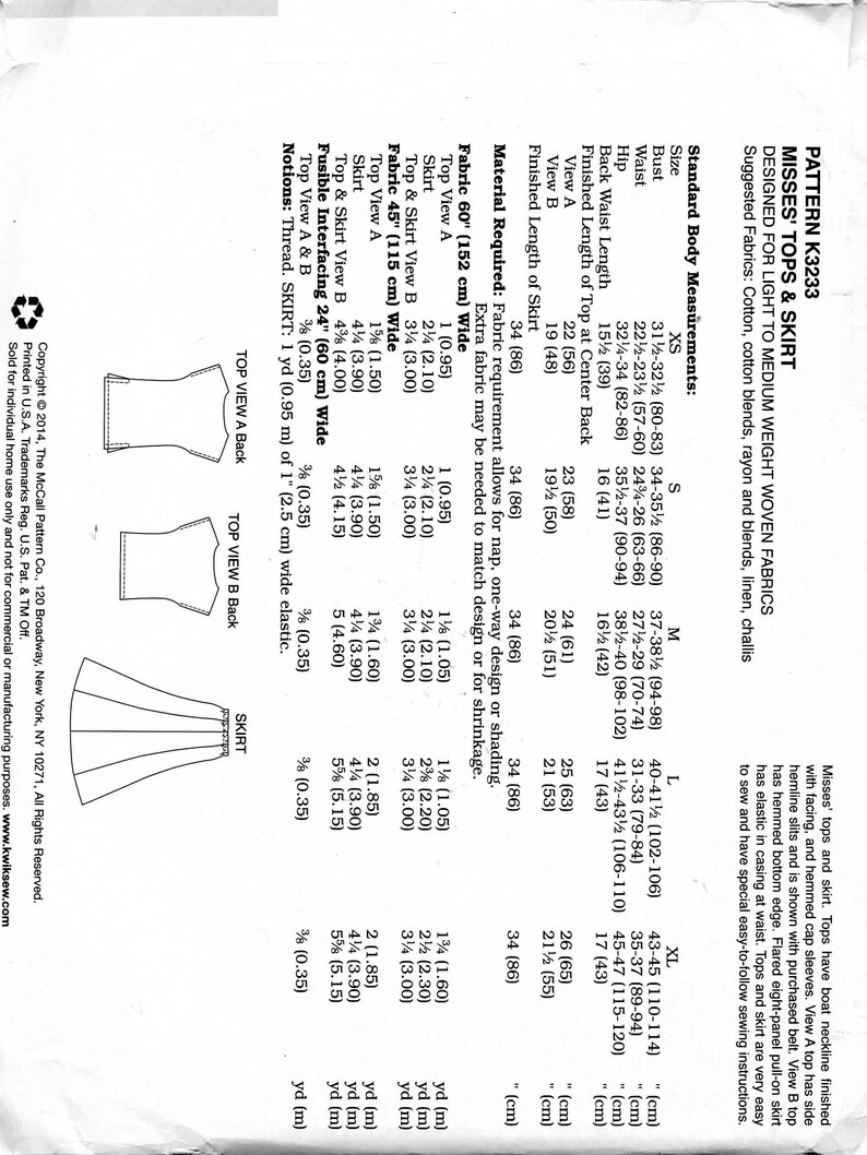 2014 Kwik Sew Sewing Pattern K3233 or 3233 Misses Tops & Skirt UNCUT ...