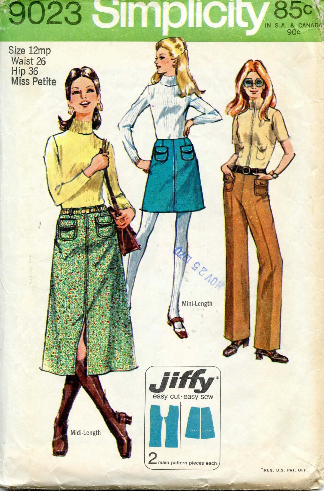 Vintage 1970 Simplicity Sewing Pattern 9023 Jiffy Skirt or Pants Size 12 Miss Petite Complete ...