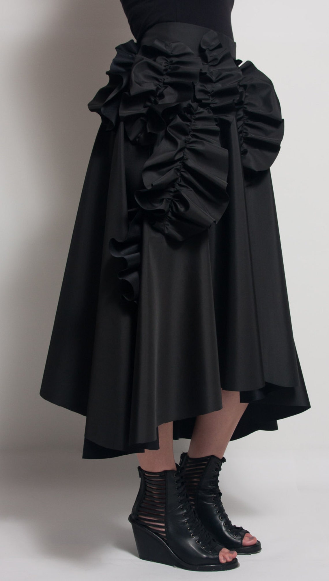 Asymmetric Black Skirt / Frill Folded Details Skirt / Pleated | Etsy