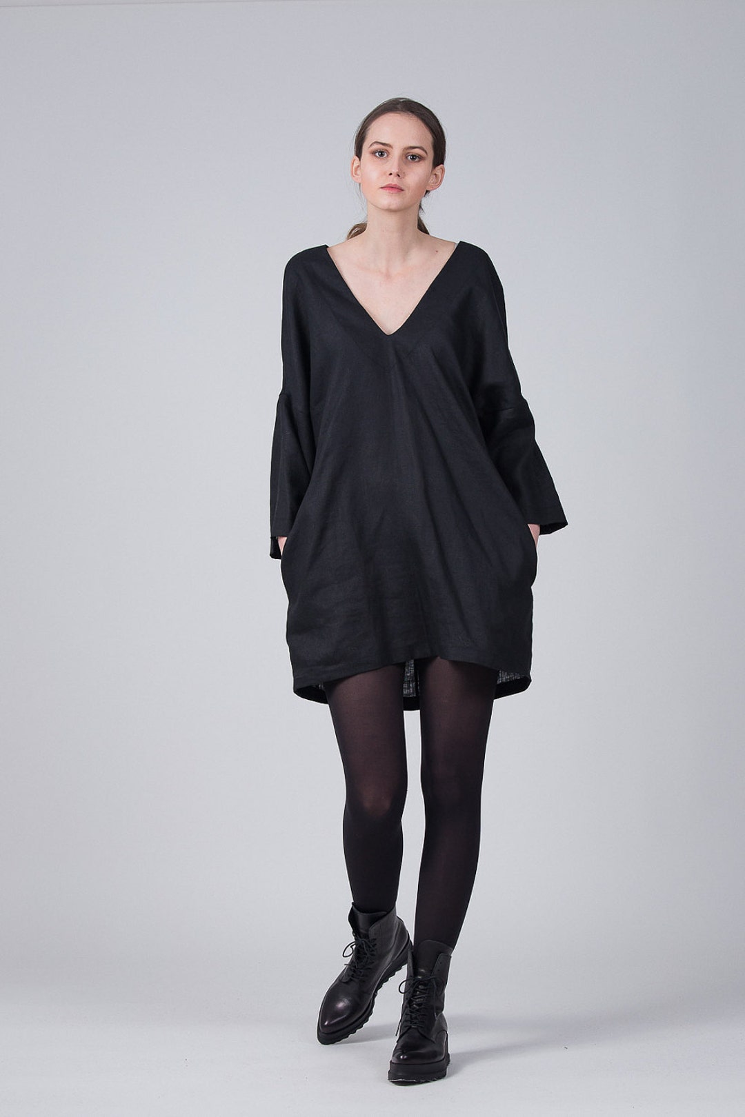 Black Linen Tunic Dress: Elegant V-neck, Long Sleeves, Oversized ...