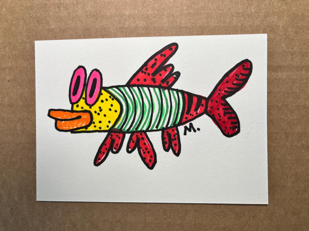 Fish Ink Drawing 2 6x4 on Watercolor Postcard - Etsy