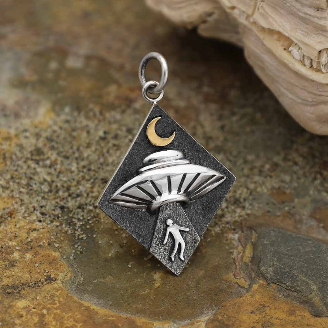 Silver Alien Abduction UFO Pendant With Bronze Moon. Sterling Silver ...