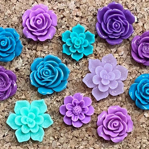 Flower Push Pins or Magnets Set in Shades of Blue & Teal - Etsy